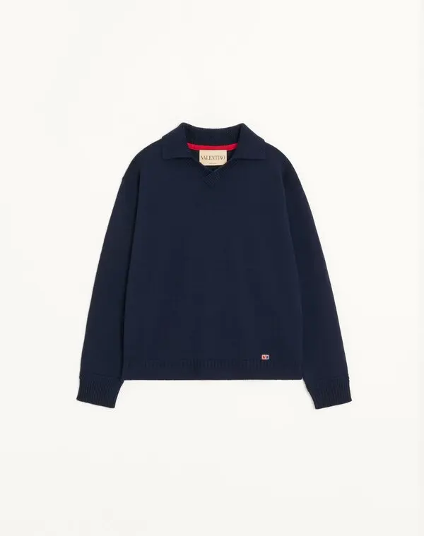 Valentino Garavani Wool Jumper With Vlogo Signature Patch And Polo Collar
