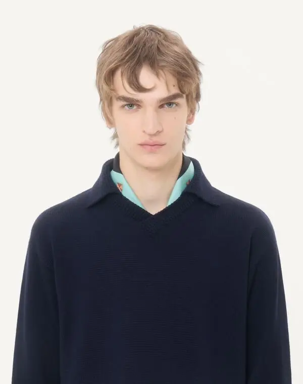 Valentino Garavani Wool Jumper With Vlogo Signature Patch And Polo Collar