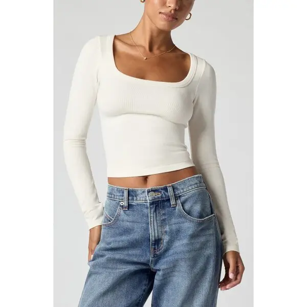 FLORENCE BY MILLS Seamless Square Neck Long Sleeve Crop Top - Jet Stream