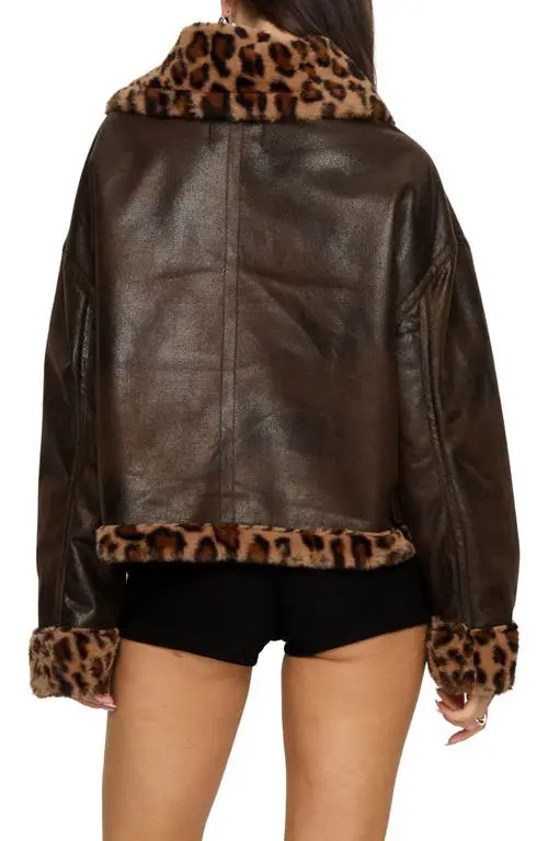 Princess Polly Brandyn Leopard Print Faux Fur Trim Faux Leather Jacket
