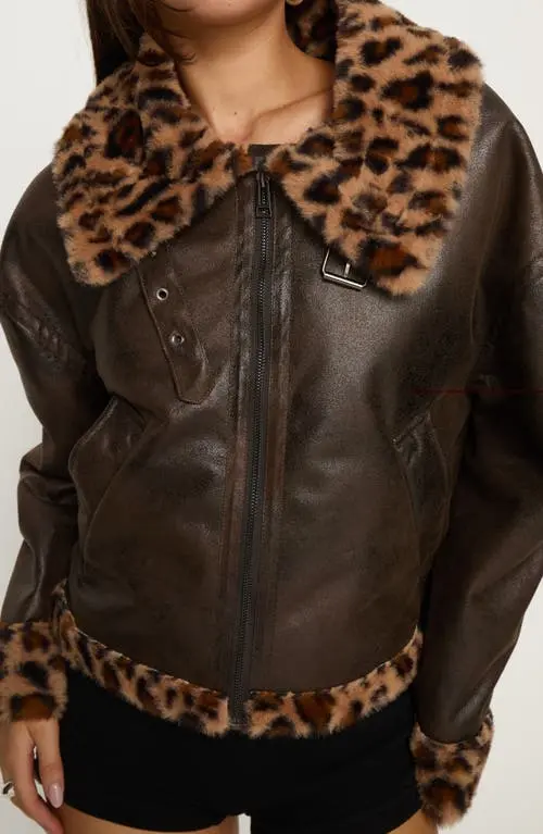 Princess Polly Brandyn Leopard Print Faux Fur Trim Faux Leather Jacket