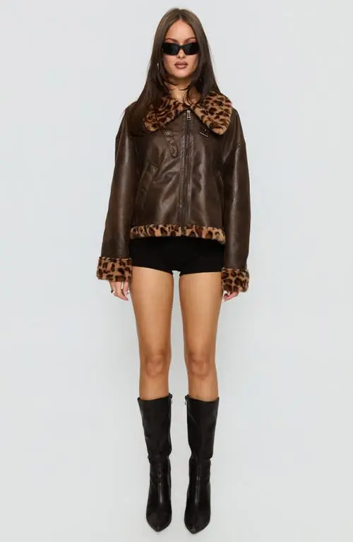 Princess Polly Brandyn Leopard Print Faux Fur Trim Faux Leather Jacket