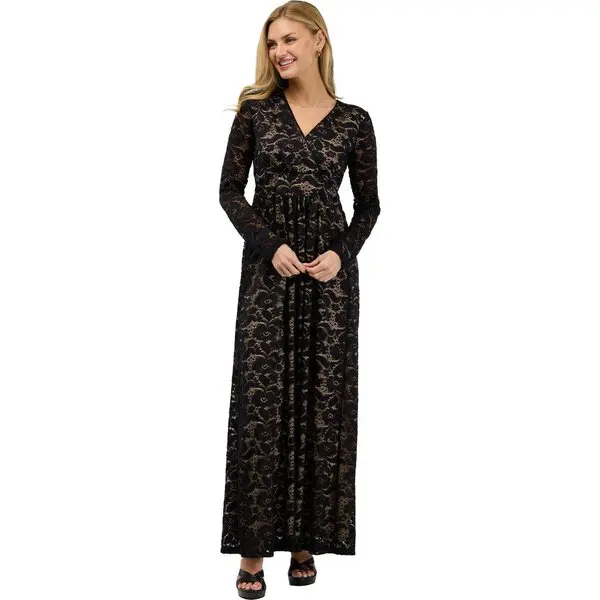 24SEVEN COMFORT APPAREL Elevate Elegant V Neck Long Sleeve Lace Dress - Black
