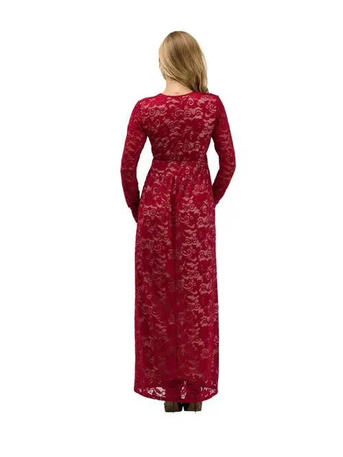 24SEVEN COMFORT APPAREL Elevate Elegant V Neck Long Sleeve Lace Dress - Wine