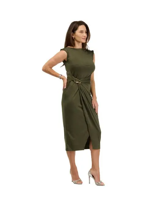 24SEVEN COMFORT APPAREL 24seven Comfort Elevate Cap Sleeve Twist Midi Dress - Olive
