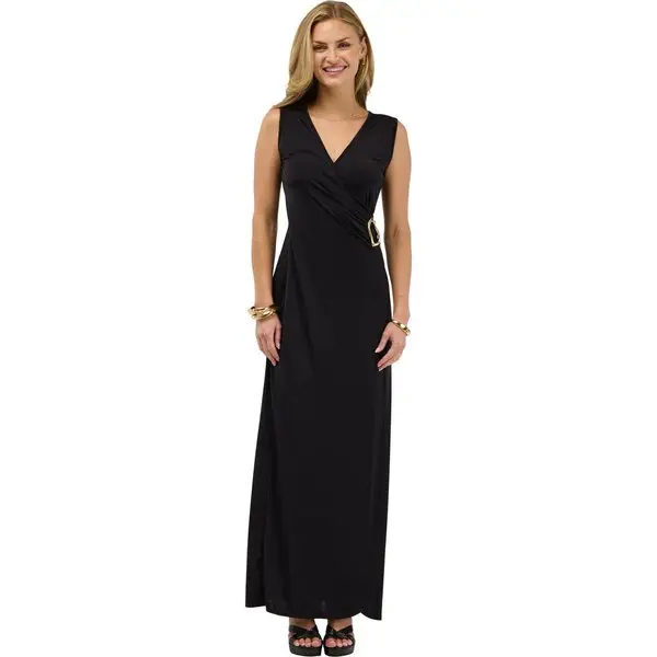 24SEVEN COMFORT APPAREL Elevate Sleeveless V Neck Wrap Maxi Dress - Black