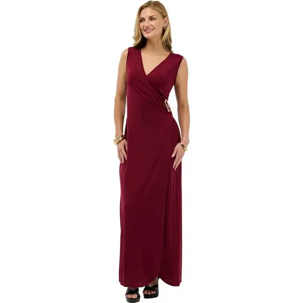 24SEVEN COMFORT APPAREL Elevate Sleeveless V Neck Wrap Maxi Dress - Wine