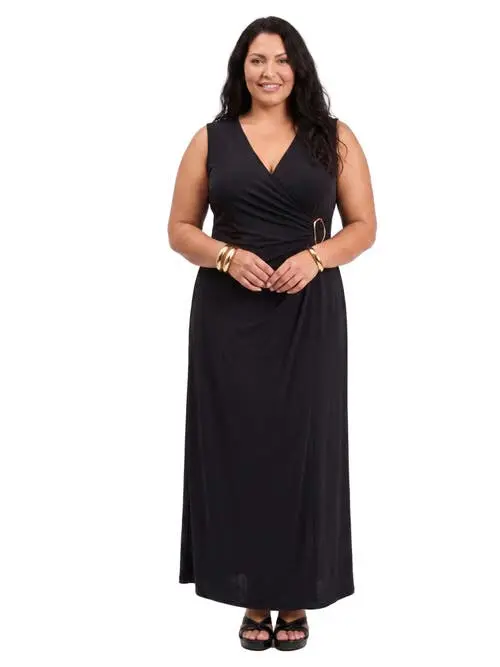 24SEVEN COMFORT APPAREL 24seven Comfort Elevate Curvy Sleeveless V-neck Wrap Maxi Dress - Black