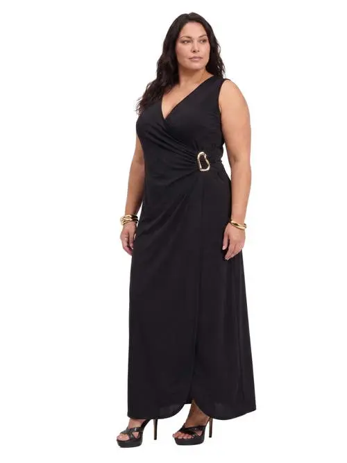 24SEVEN COMFORT APPAREL 24seven Comfort Elevate Curvy Sleeveless V-neck Wrap Maxi Dress - Black