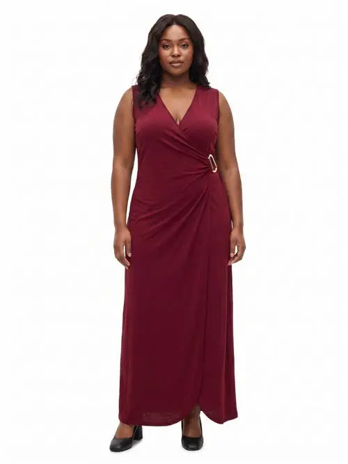 24SEVEN COMFORT APPAREL 24seven Comfort Elevate Curvy Sleeveless V-neck Wrap Maxi Dress - Wine