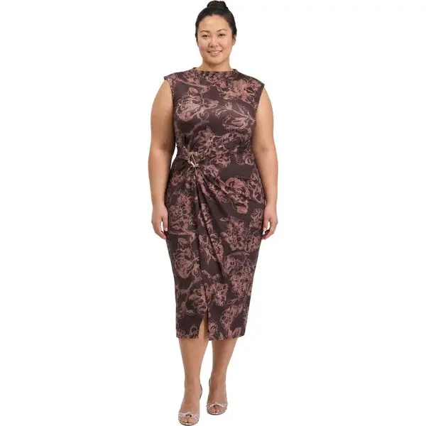 24SEVEN COMFORT APPAREL Elevate Curvy Cap Sleeve Twist Midi Dress - Brown Multi