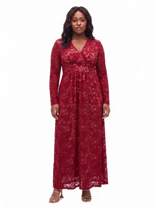 24SEVEN COMFORT APPAREL 24seven Comfort Elevate Curvy Elegant V Neck Long Sleeve Floral Lace Dress - Wine