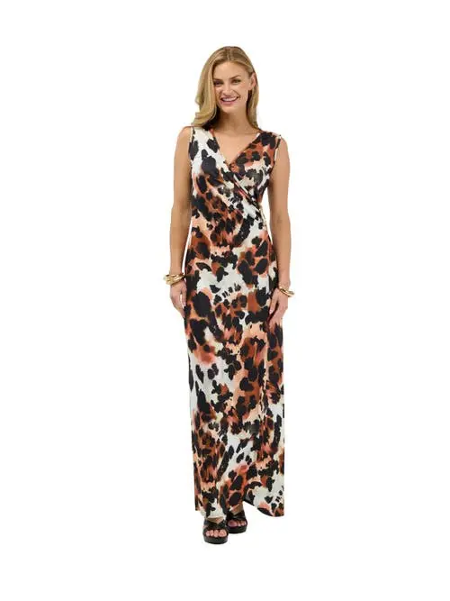 24SEVEN COMFORT APPAREL Elevate Sleeveless V Neck Wrap Maxi Dress - Black Multi