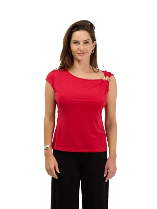 24SEVEN COMFORT APPAREL Elevate Cap Sleeve Asymmetrical Boat Neck Shoulder Brooch Top - Red