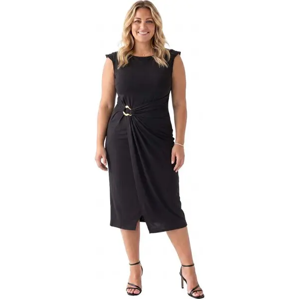 24SEVEN COMFORT APPAREL 24seven Comfort Elevate Curvy Cap Sleeve Twist Midi Dress - Black