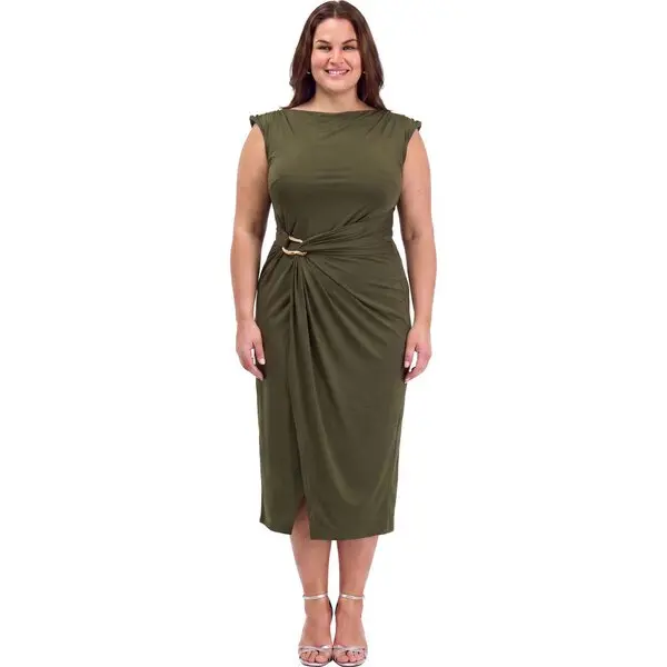 24SEVEN COMFORT APPAREL 24seven Comfort Elevate Curvy Cap Sleeve Twist Midi Dress - Olive