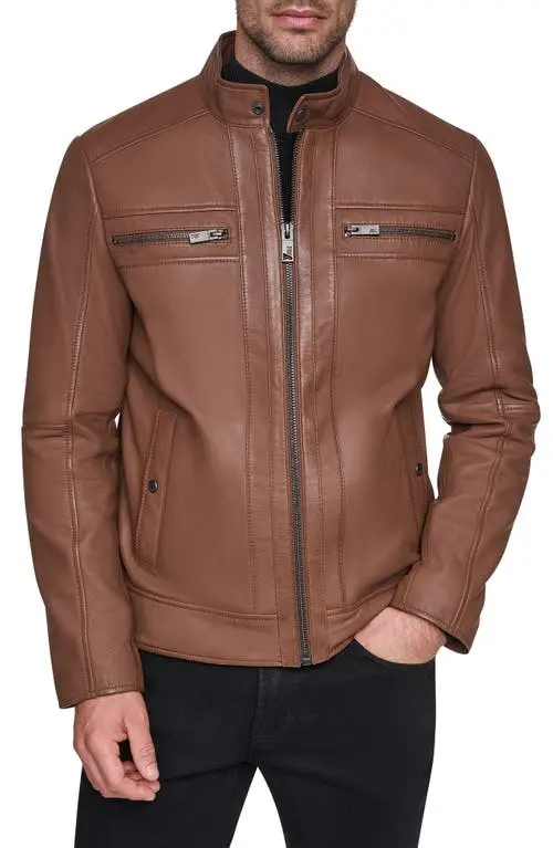 Andrew Marc Nubuck Leather Racer Jacket - Cognac