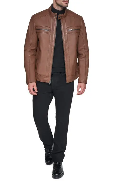 Andrew Marc Nubuck Leather Racer Jacket - Cognac