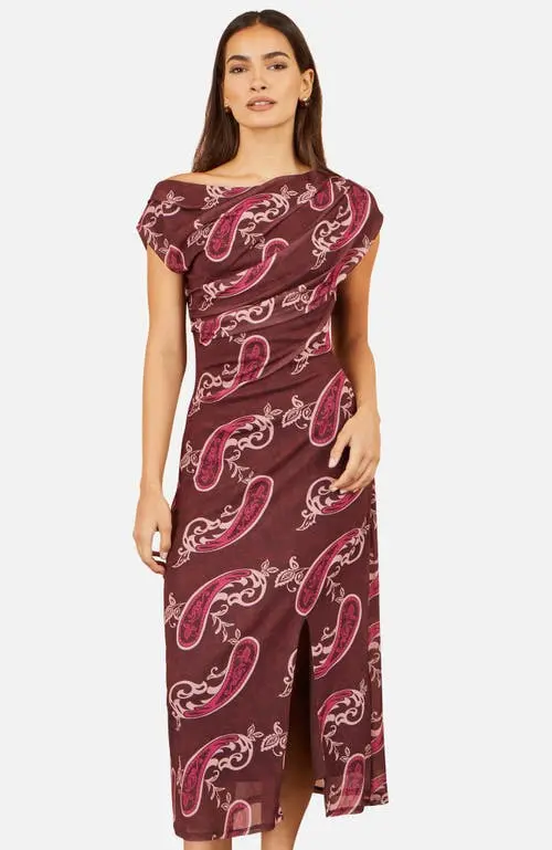 YUMI Draped Cowl Ruched Midi Dress