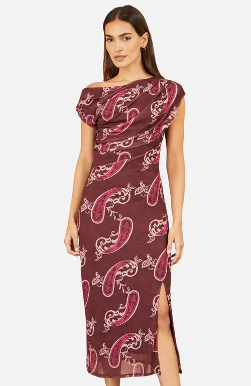YUMI Draped Cowl Ruched Midi Dress
