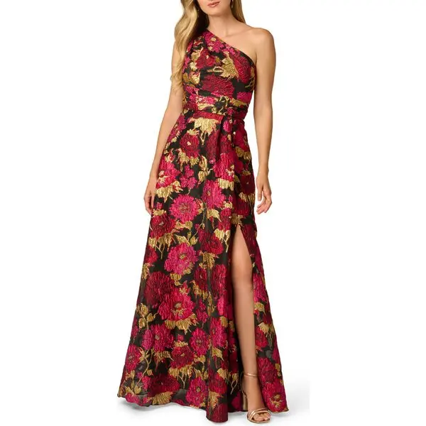 Adrianna Papell One-shoulder Floral Jacquard Gown - Black/pink Multi