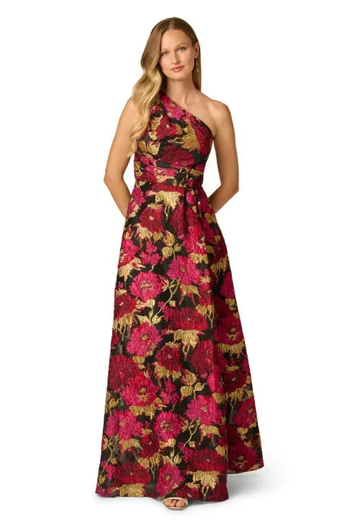 Adrianna Papell One-shoulder Floral Jacquard Gown