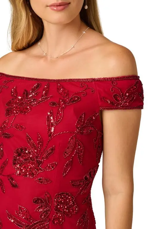 Adrianna Papell Off The Shoulder Beaded Cocktail Dress - Cranberry