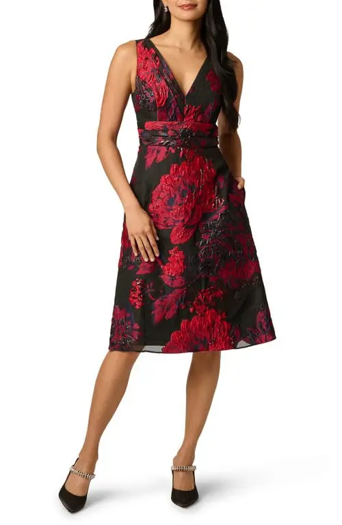 Adrianna Papell Floral Metallic Jacquard Midi Cocktail Dress - Black/red Multi