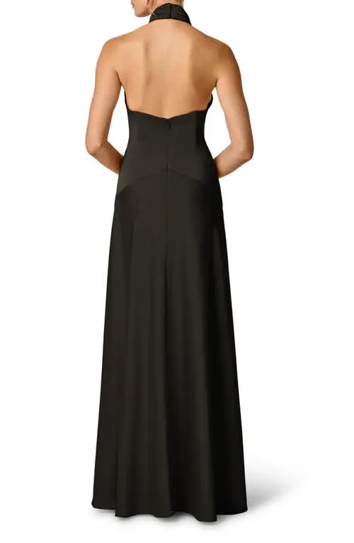 Adrianna Papell Stretch Satin Mock Neck Gown - Black
