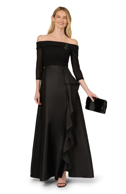 Adrianna Papell Off The Shoulder Mikado Ball Gown - Black