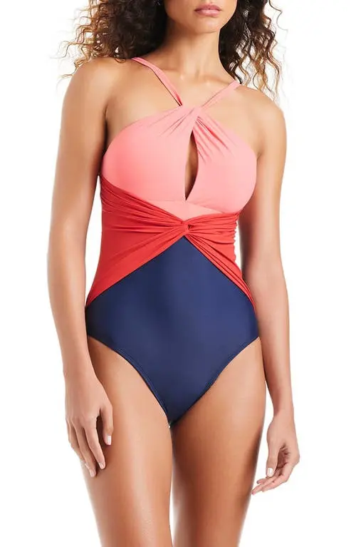 BEYOND CONTROL Colorblock High Neck One-piece Swimsuit - Navy Multi