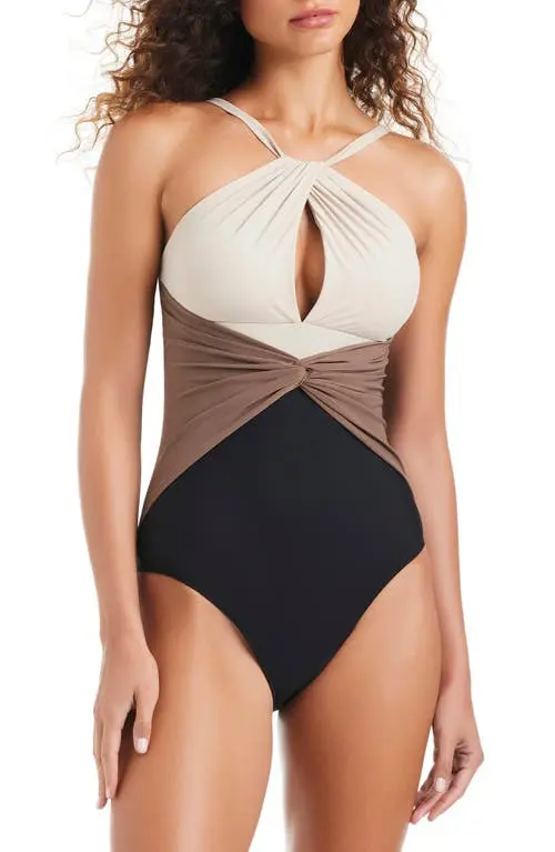 BEYOND CONTROL Colorblock High Neck One-piece Swimsuit - Tripoli Multi