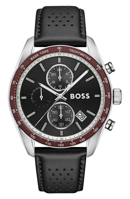 Hugo Grand Prix Chronograph Leather Strap Watch - Black