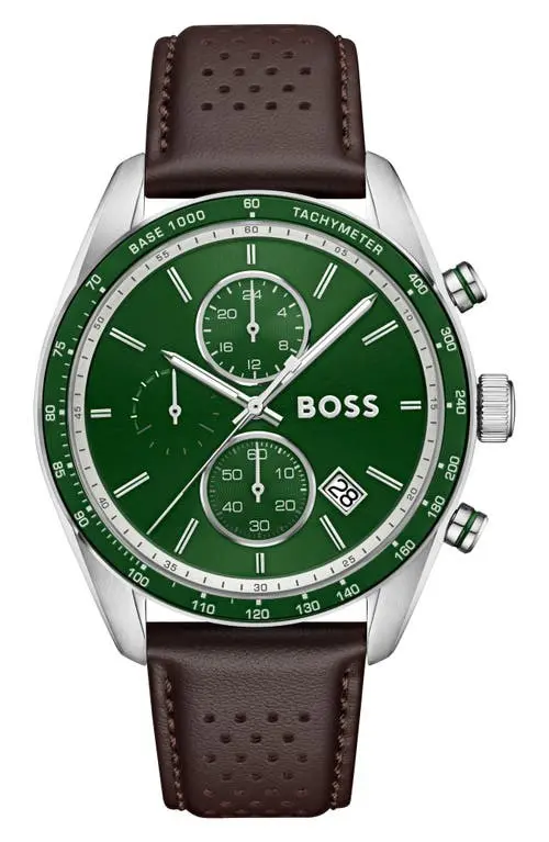 Hugo Grand Prix Chronograph Leather Strap Watch - Green