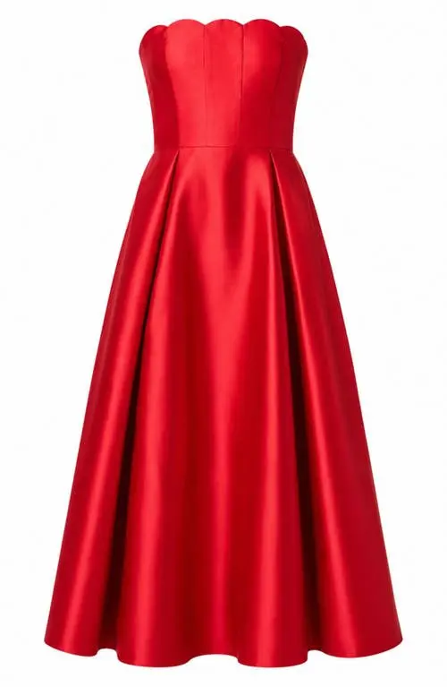 Adrianna Papell Strapless Scalloped Mikado Ankle Length Gown - Red
