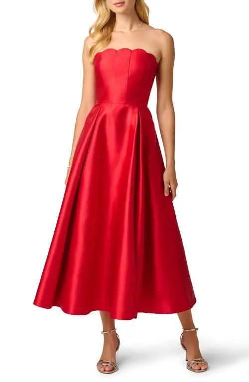Adrianna Papell Strapless Scalloped Mikado Ankle Length Gown - Red