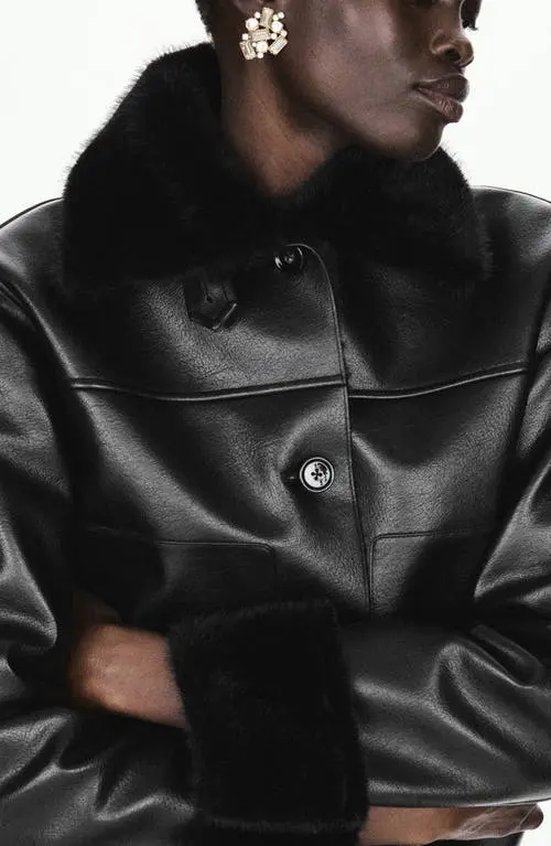 Mango Lumen Faux Fur Trim Faux Leather Jacket