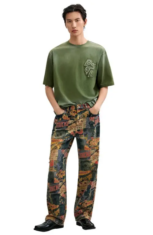 Desigual Mickey Mouse Graphic Distressed Straight Leg Jeans