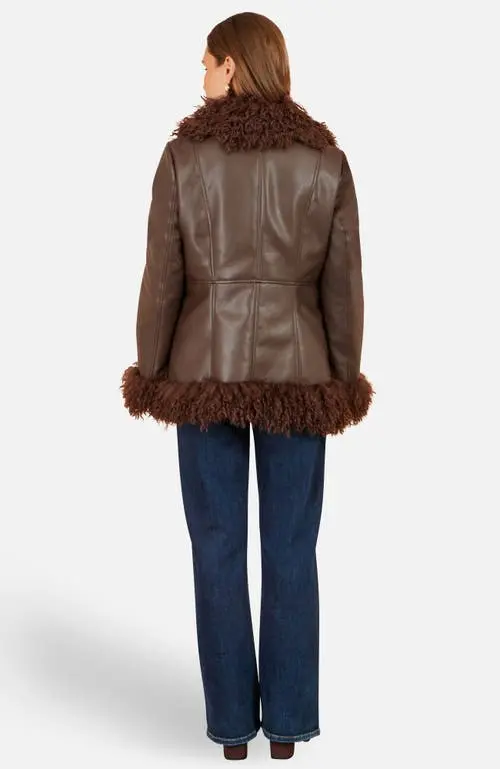 YUMI Textured Collard Trim Faux Leather Coat