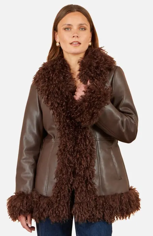 YUMI Textured Collard Trim Faux Leather Coat