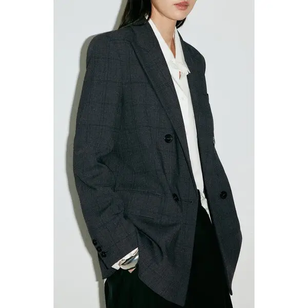 Mango Plaid Double Breasted Blazer - Grey