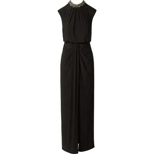 Adrianna Papell Faux Pearl Mock Neck Jersey Gown - Black