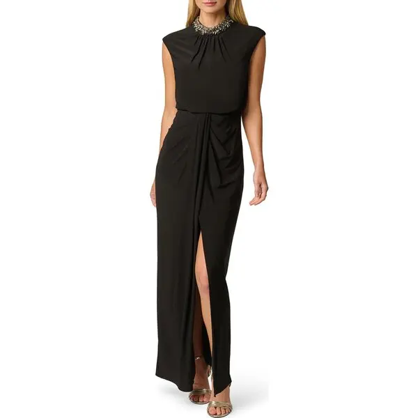 Adrianna Papell Faux Pearl Mock Neck Jersey Gown - Black