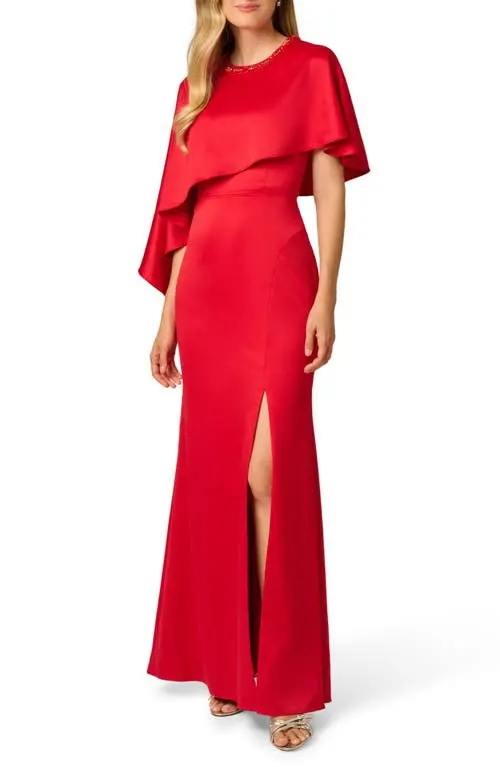 Adrianna Papell Asymmetric Cape Satin Gown - Red