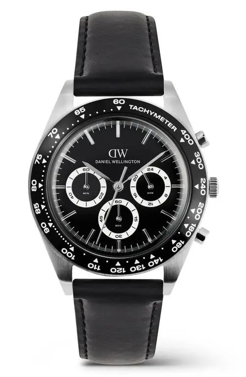 DANIEL WELLINGTON Iconic Tachymeter Chronograph Leather Strap Watch