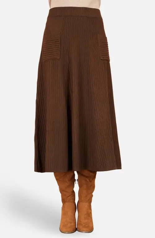 YUMI High Waist Ribbed Knit Midi Skirt - Brown