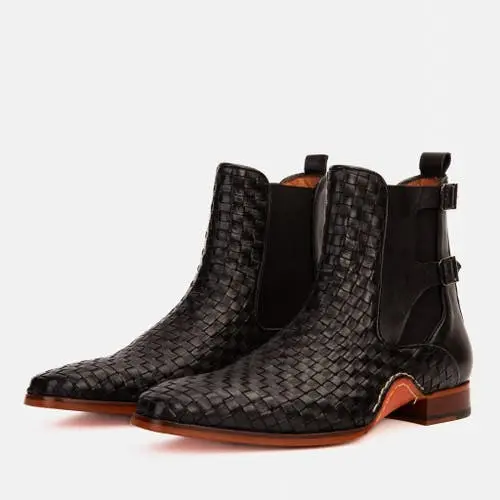 VINCI LEATHER SHOES The Rolls Boot Woven Leather Double Monk Strap Handmade Shoe