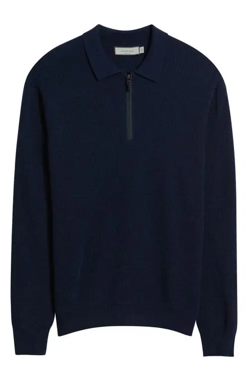 Canali Regular Fit Wool & Cashmere Zip Polo - Navy