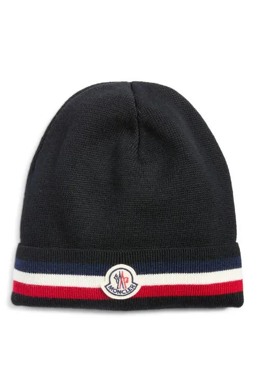 Moncler Tricolor Stripe Rib Virgin Wool Beanie - Black