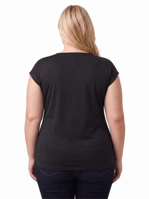 24SEVEN COMFORT APPAREL Elevate Curvy Cap Sleeve Asymmetrical Boat Neck Top - Black